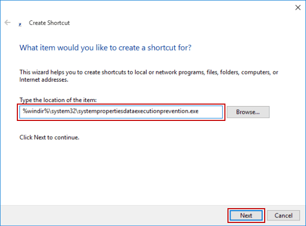 Create Shortcut For Data Execution Prevention In Windows 10